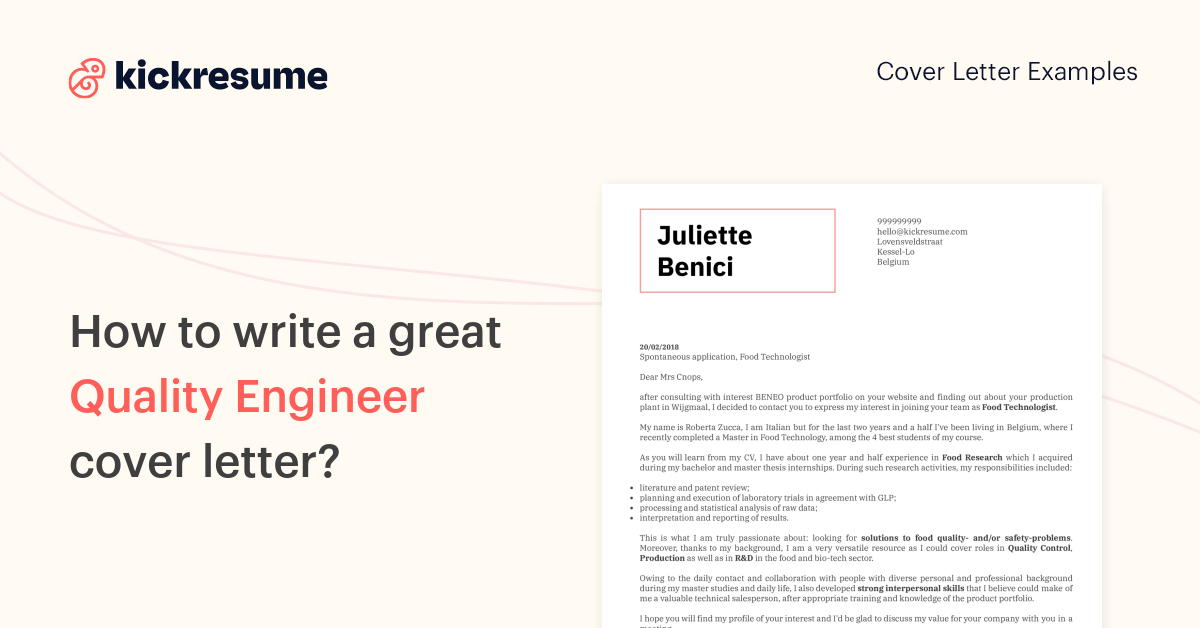 Quality Engineer Cover Letter Samples & Examples 2025 | Kickresume